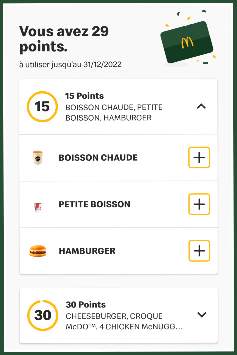 Nombre de points Mcdo pour avoir un menu gratuit ou un produit offert